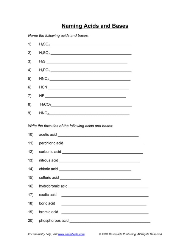Worksheet naming acids and bases | DOC | Chemistry | Science