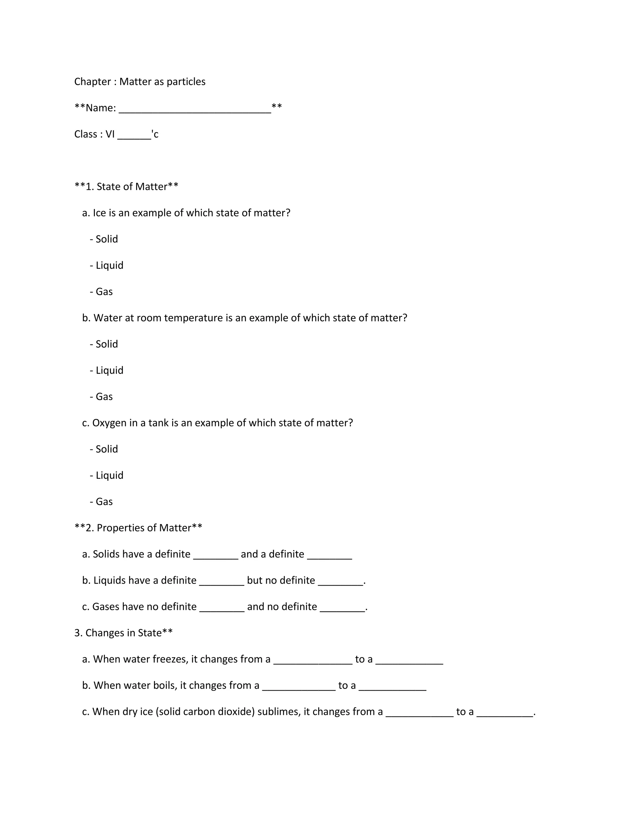 worksheet of class 6 chapter matter as particles.docx