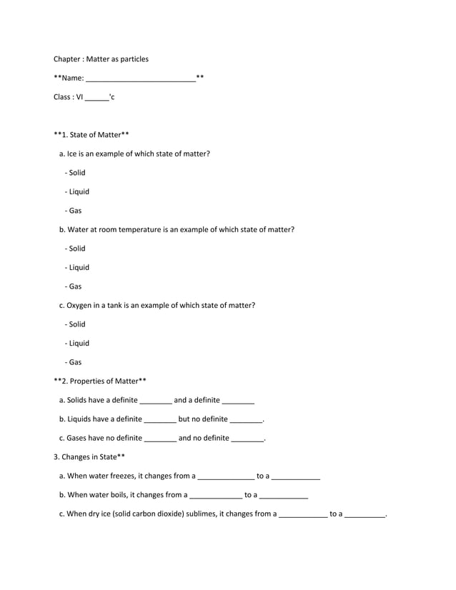 worksheet of class 6 chapter matter as particles.docx