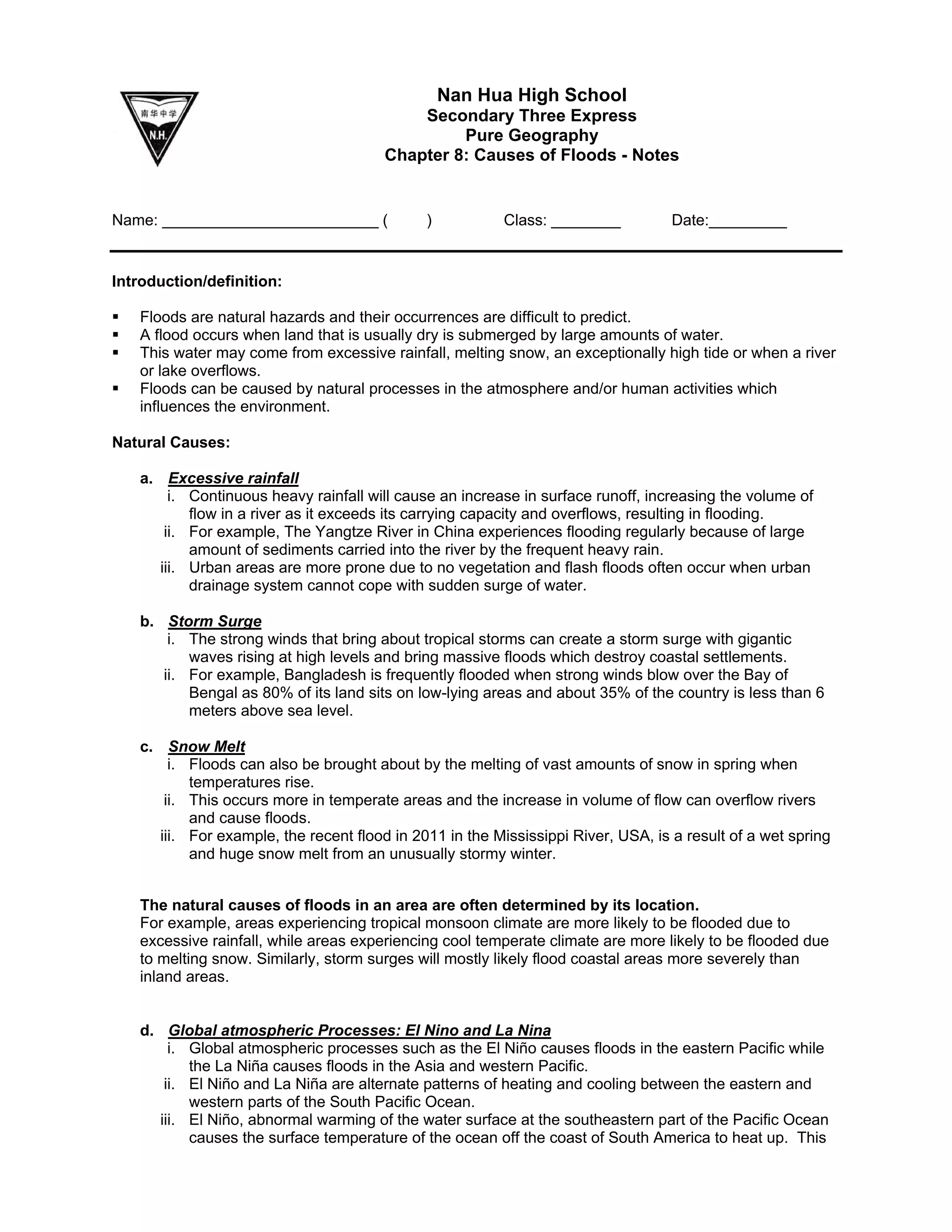 Worksheet on causes of flood (notes) | PDF