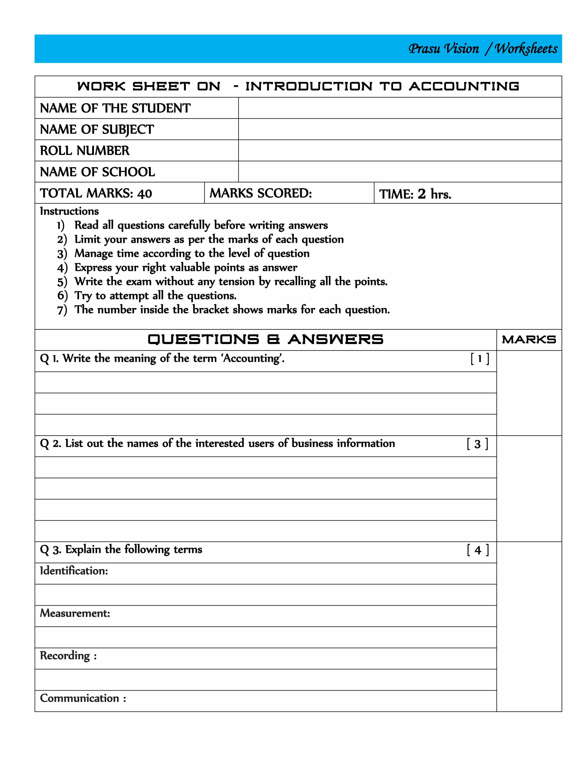 Work sheet on Accountancy Basics | PDF