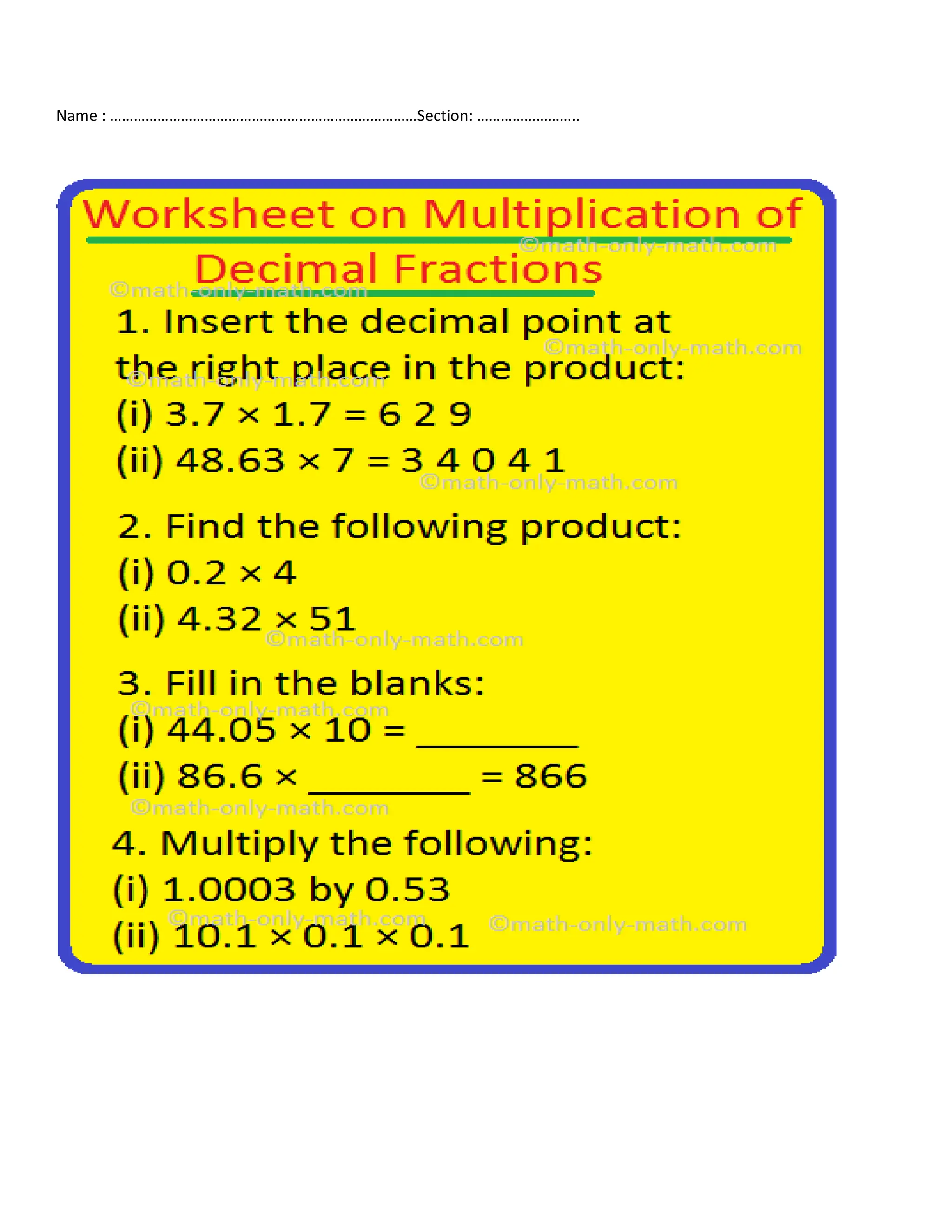 worksheet on multiplying decimals .pdf