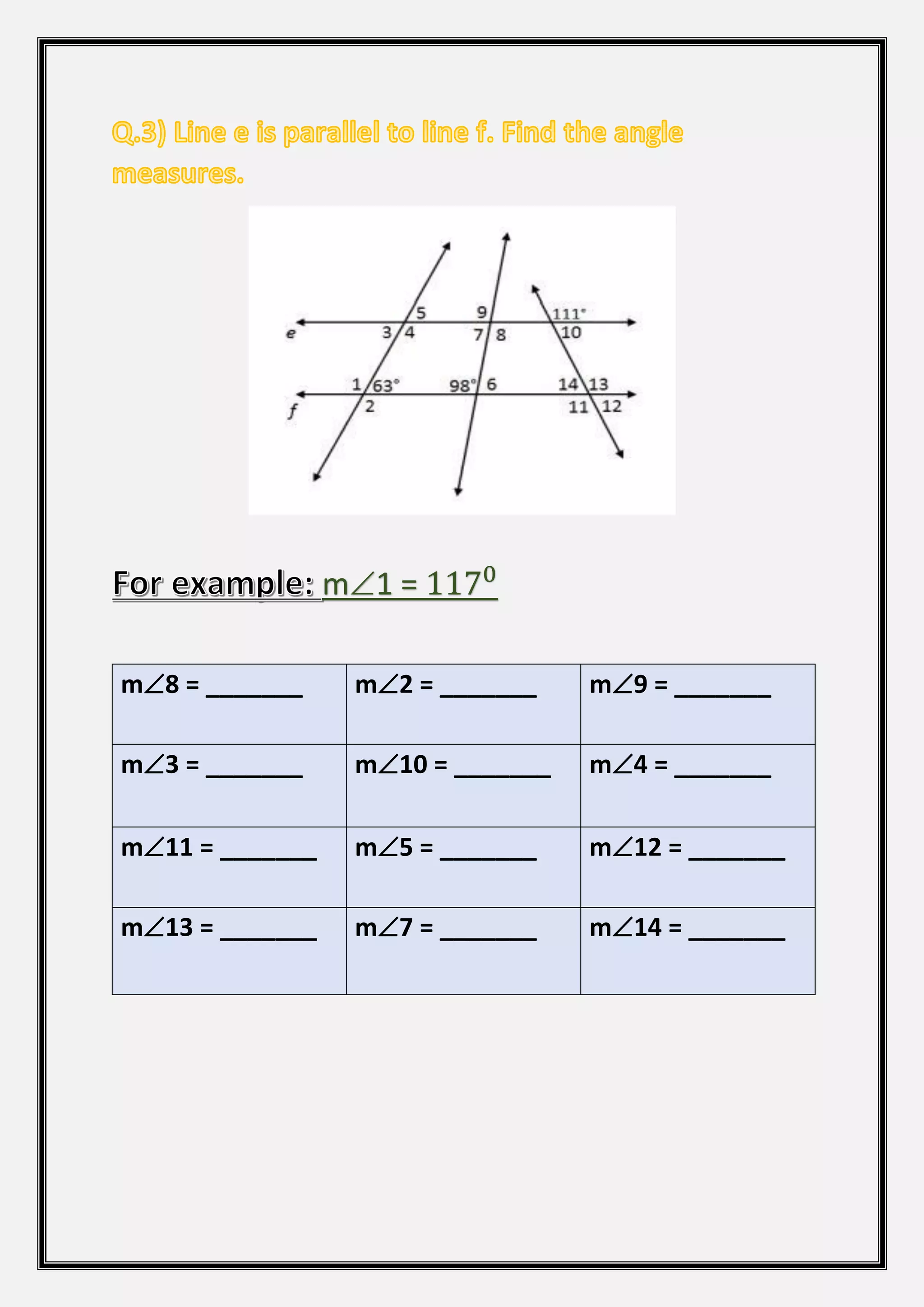 Worksheet on parallel line (Grade 8) | PDF