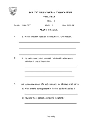 Worksheet on plant tissues | DOC