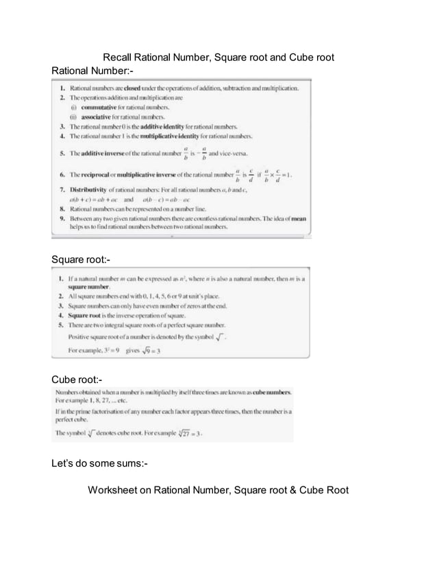 Worksheet on rational number square root cube root | DOCX | Physics ...