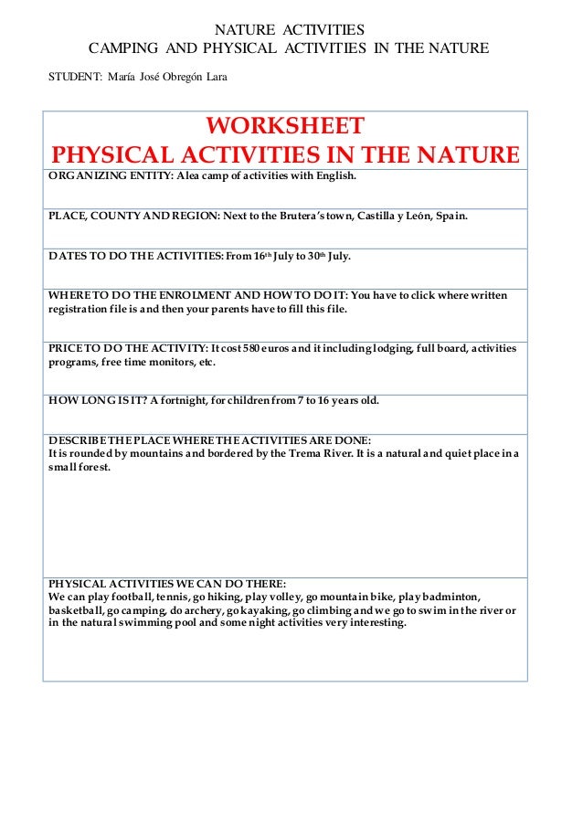 Worksheet physical activities in the nature