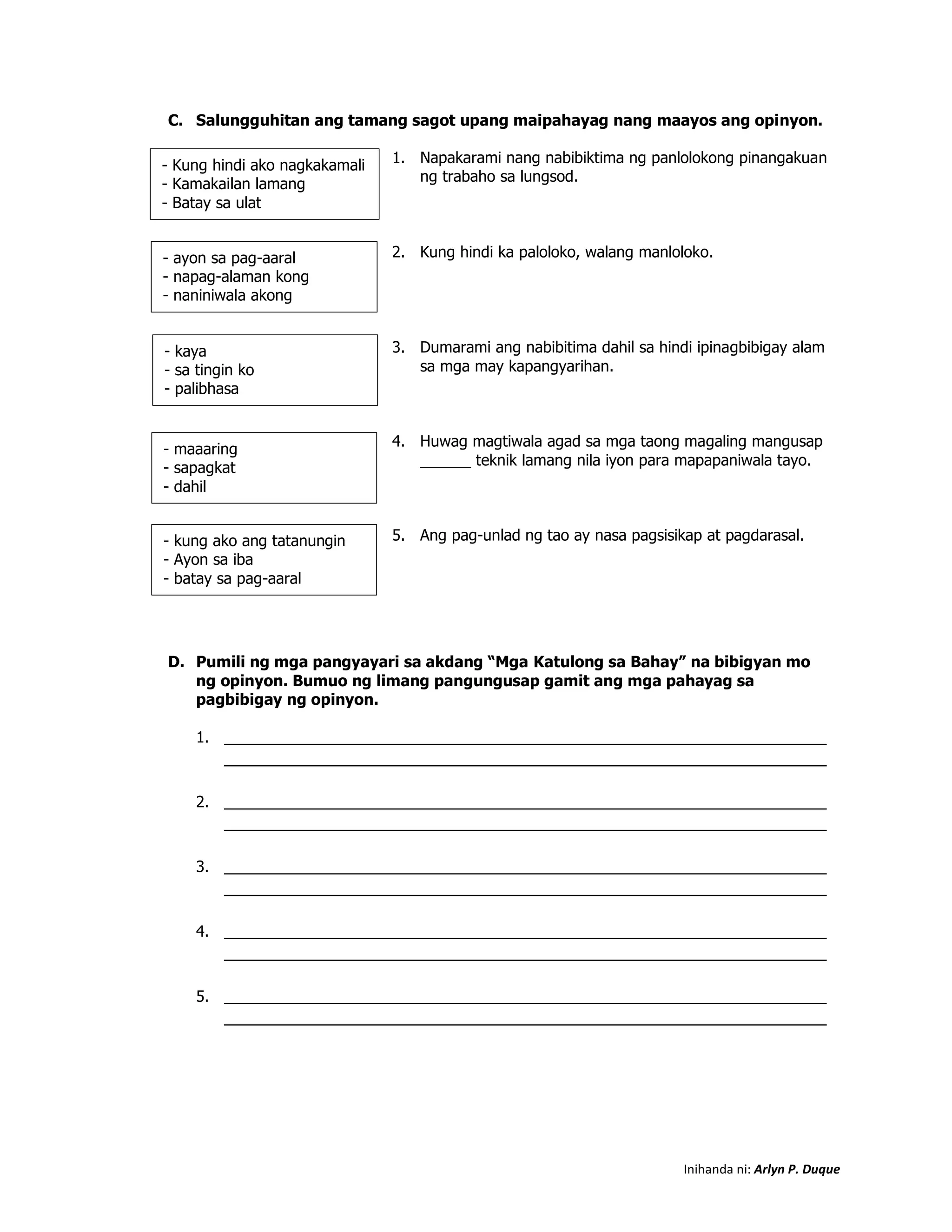 Worksheet sa aralin 2 Pagbibigay ng Opinyon | PDF