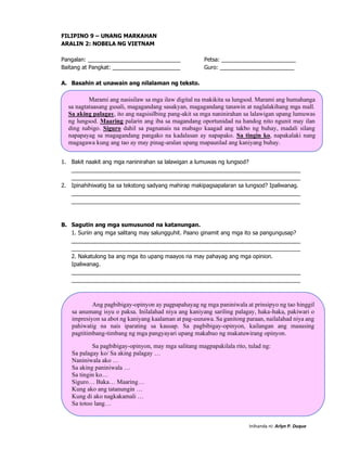 Worksheet sa aralin 2 Pagbibigay ng Opinyon | PDF