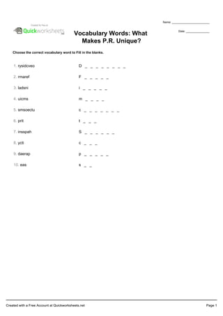Worksheet scramble for unit 3.1What makes P.R. Famous? curricular maps ...