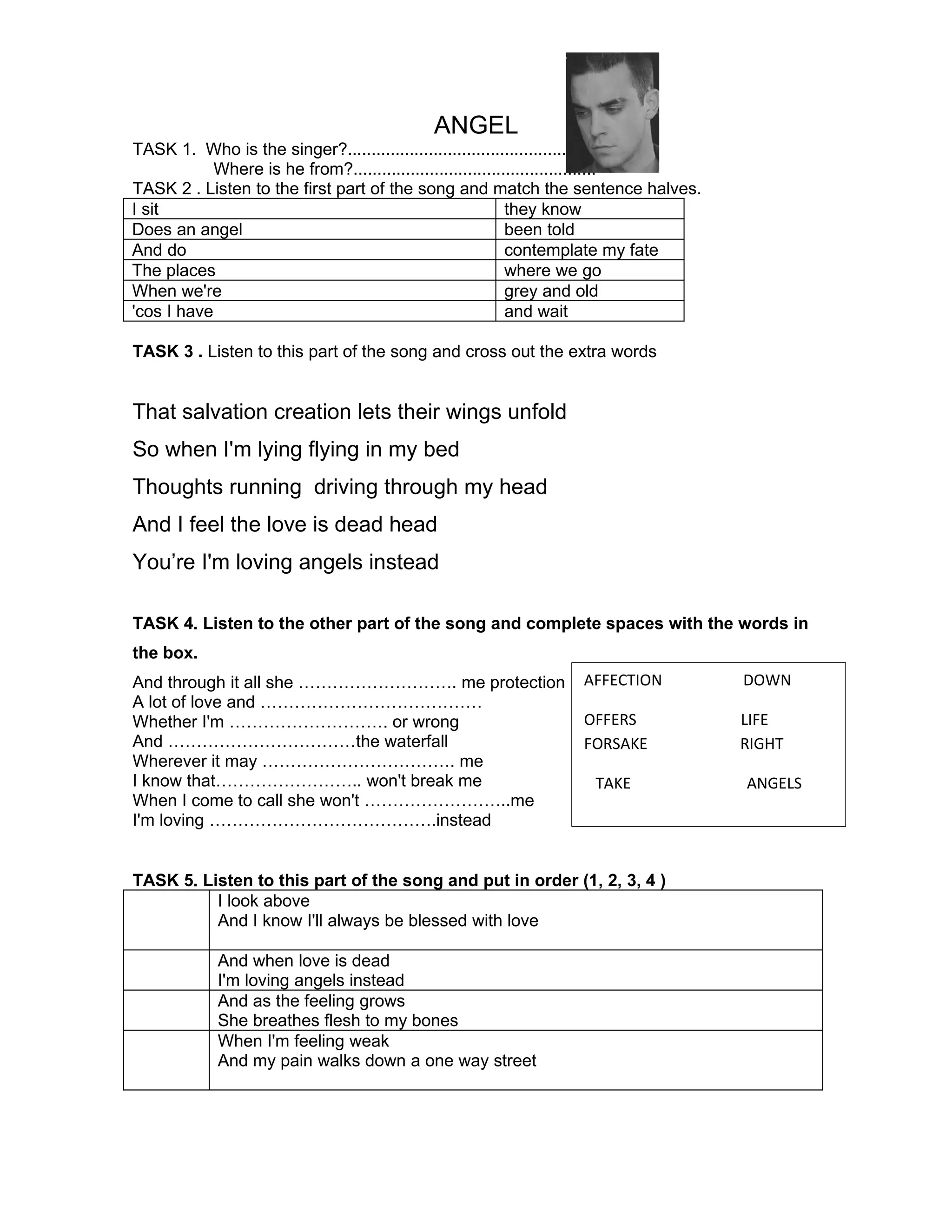 Worksheet song angel | DOC