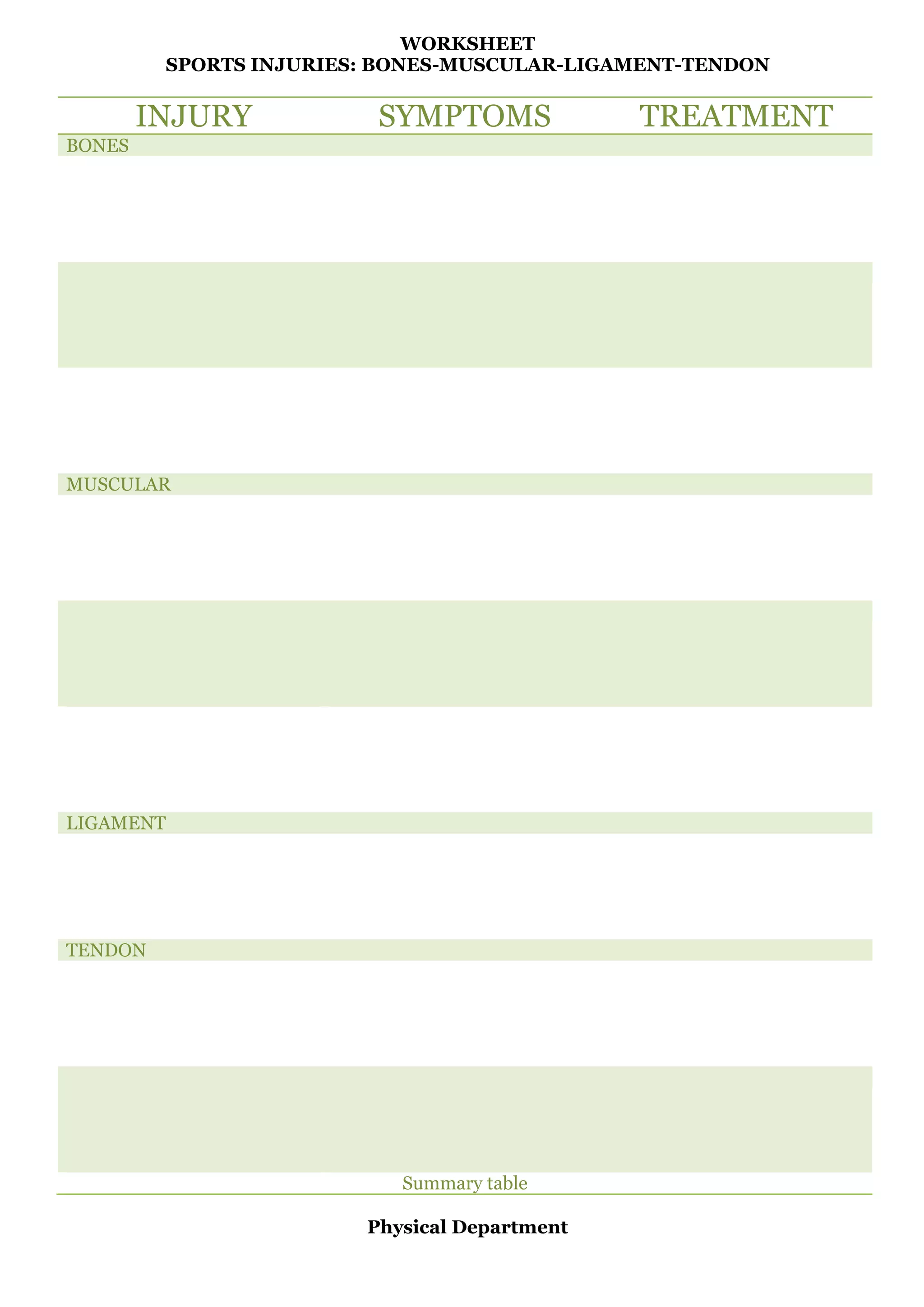 Worksheet SPORTS INJURIES 3º ESO Secciones | DOCX