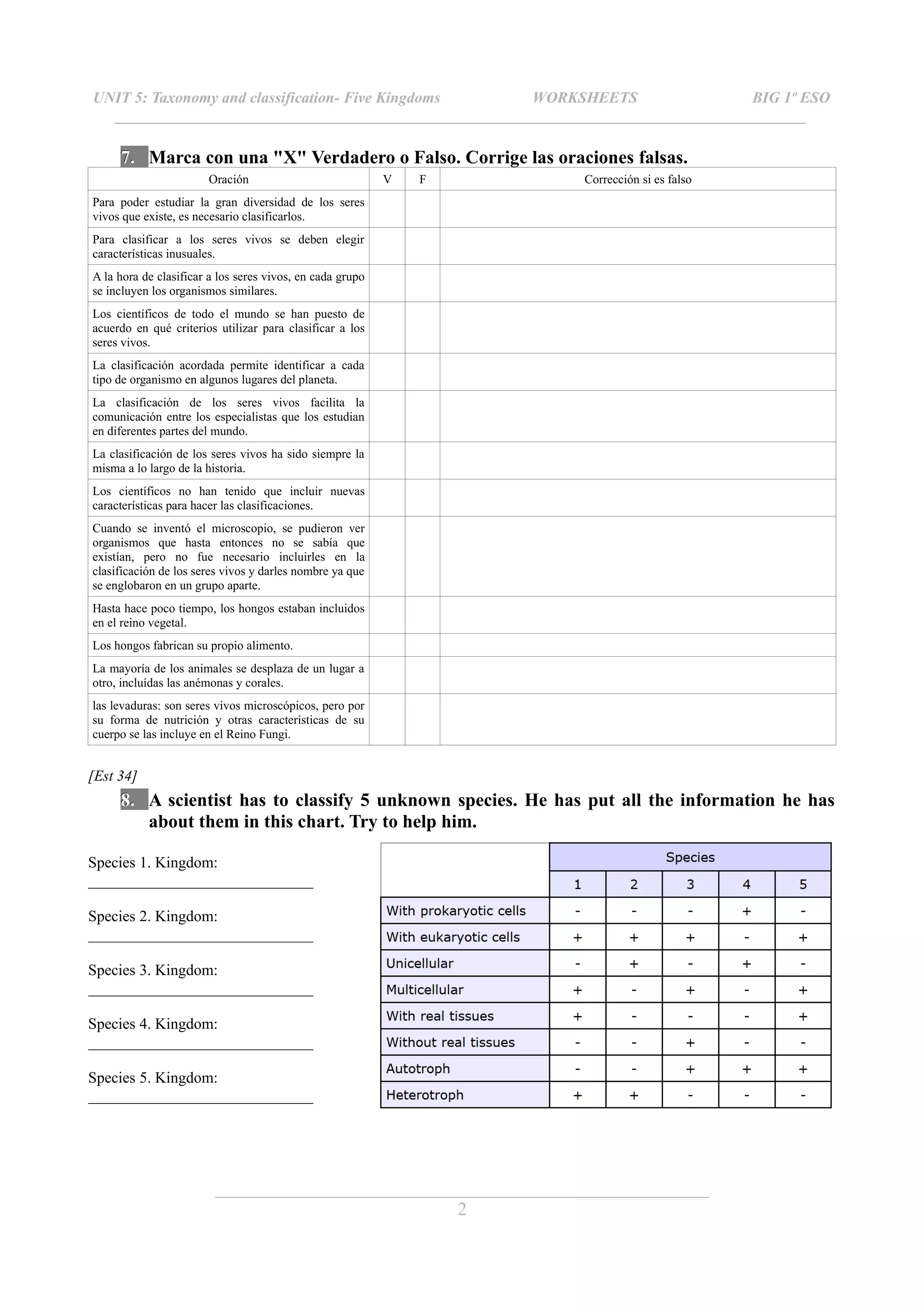 Worksheets taxonomy and clasification | PDF