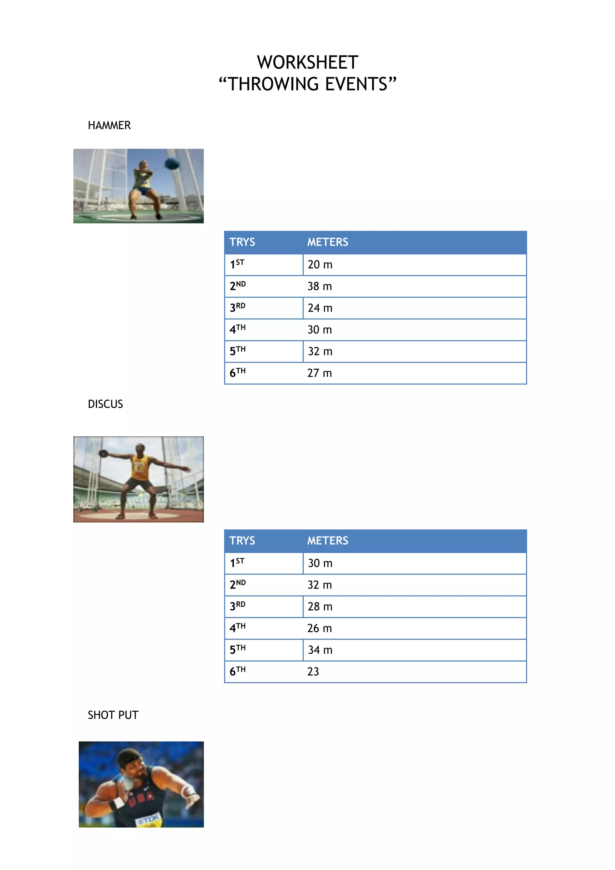 Worksheet throwing events | PDF