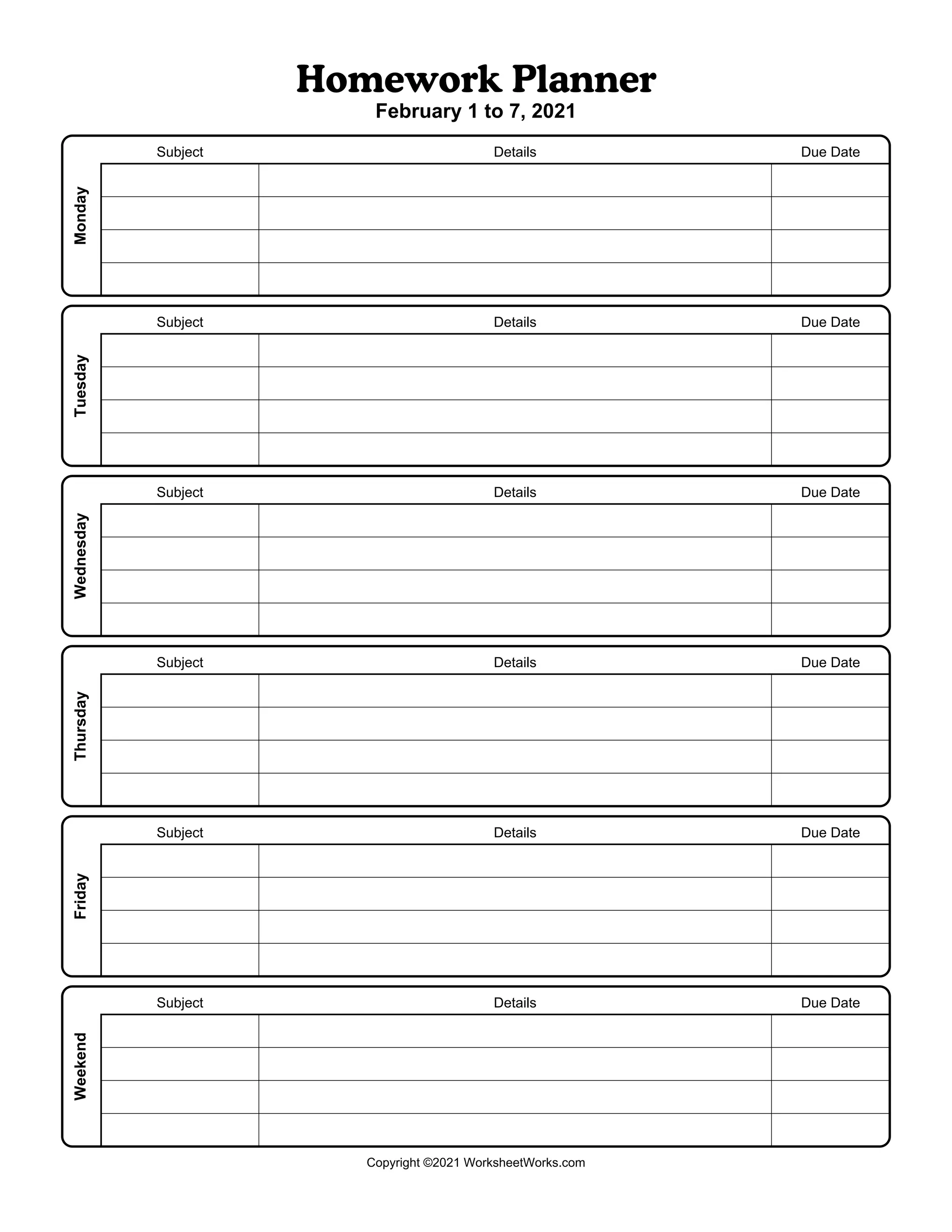 Worksheet works fivedayhomeworkplanner_2 | PDF
