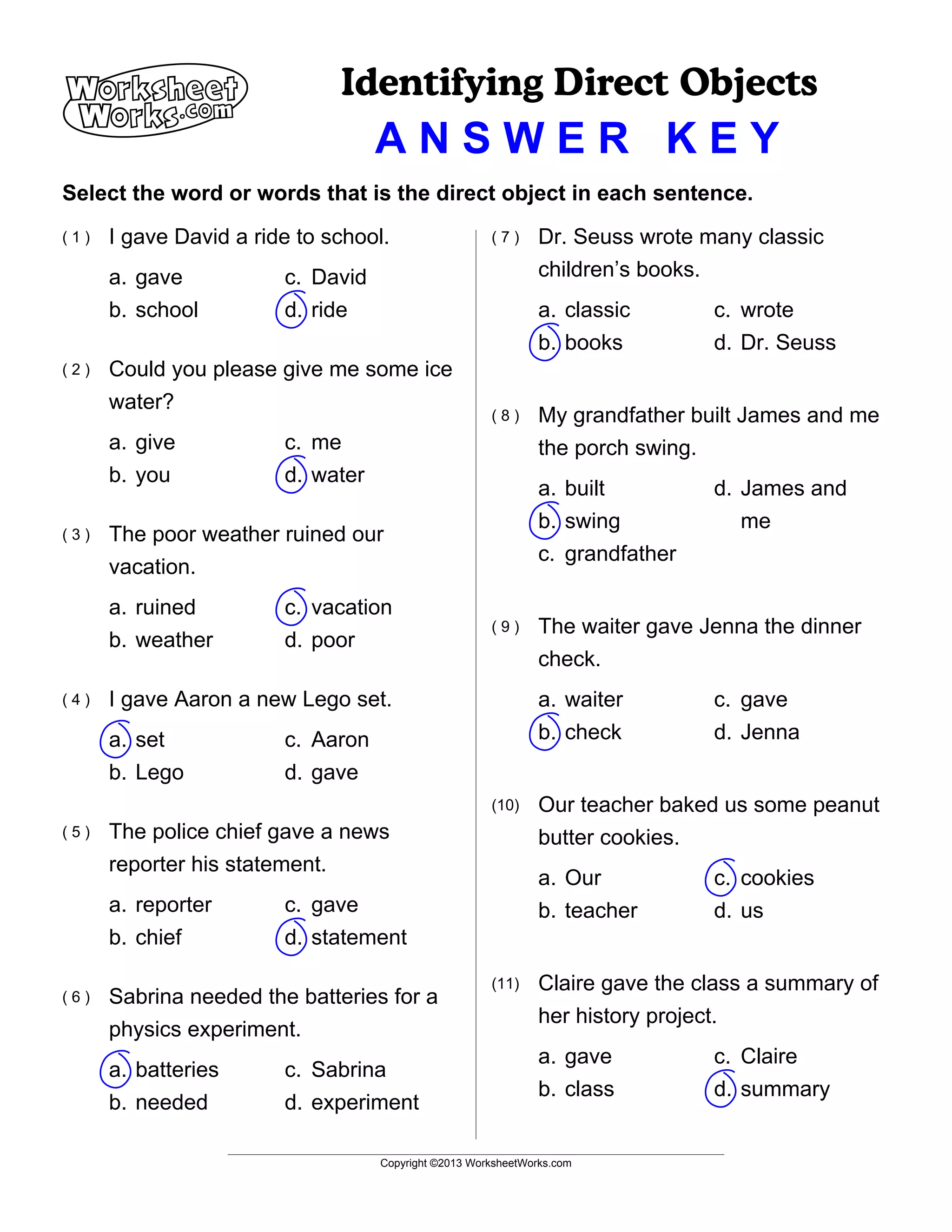 Worksheet works identifying_direct_objects_1 | PDF