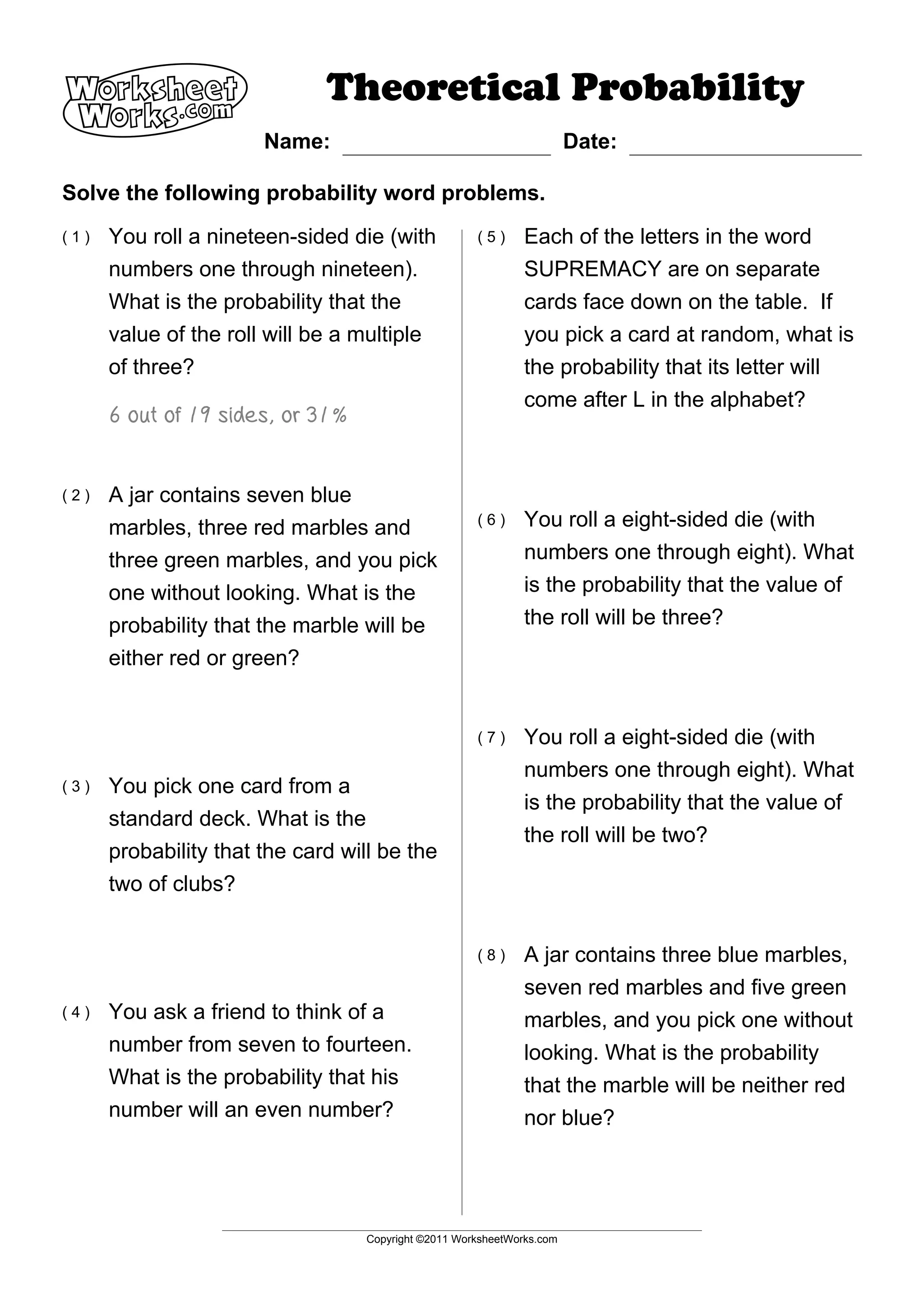 Worksheet works theoretical_probability_1 | PDF
