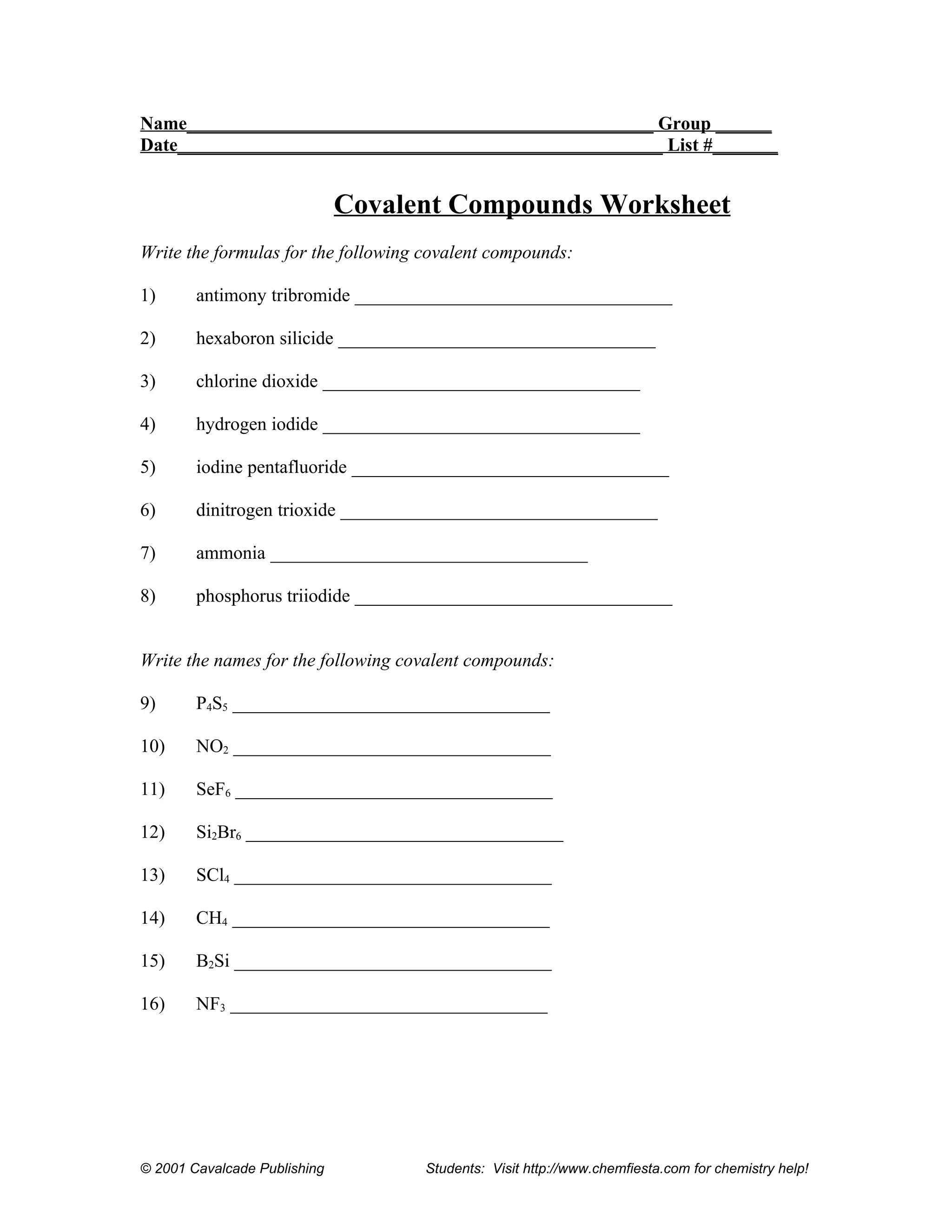 Worksheet writing covalent compounds | DOC