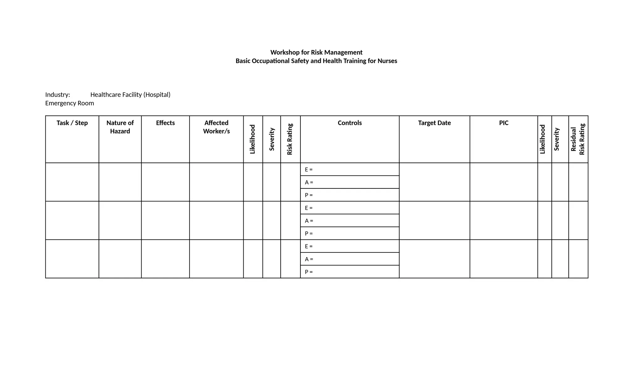 Workshop Risk Managemen form for HIRAC presentation | DOCX