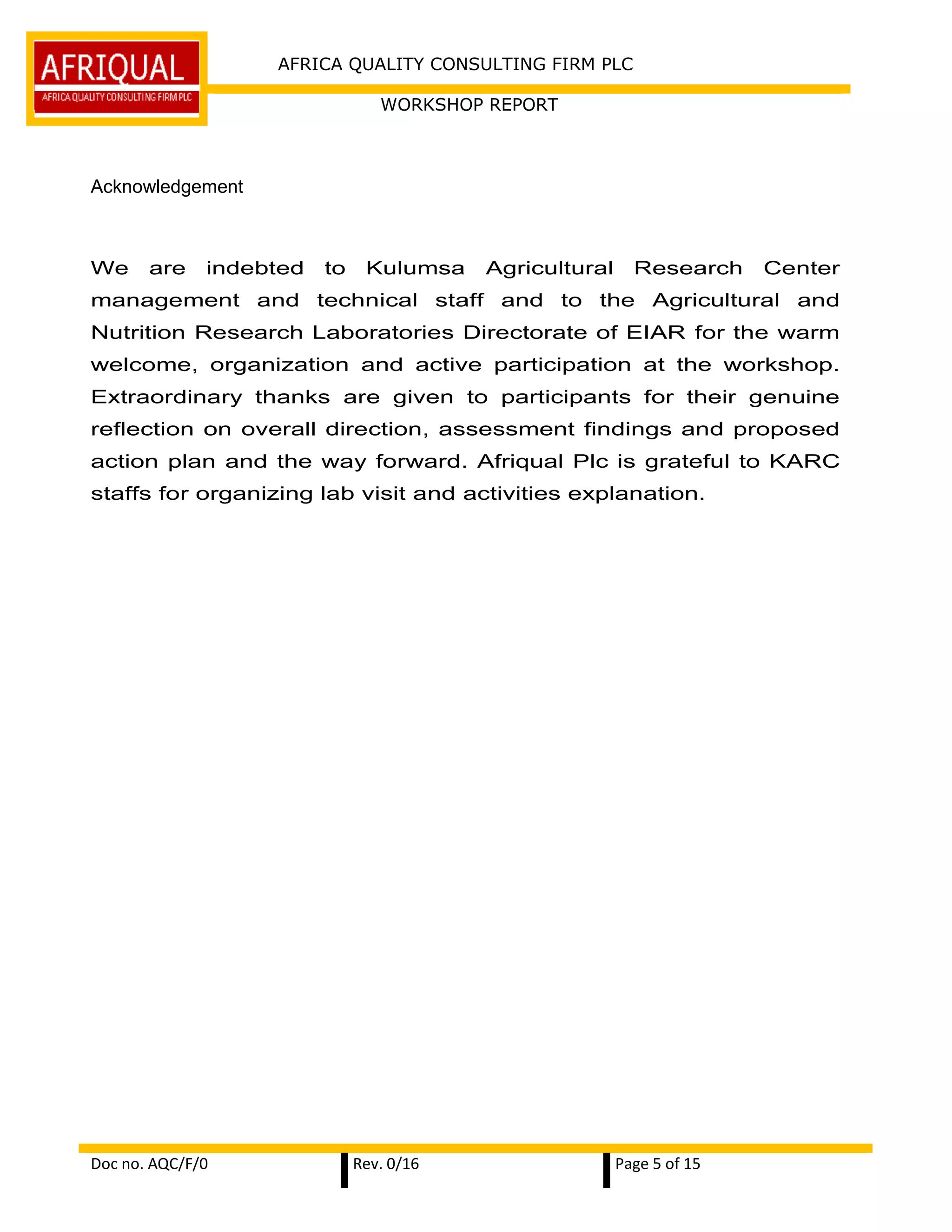 Workshop Report on Kulumsa Agricultural Research Laboratories | PDF