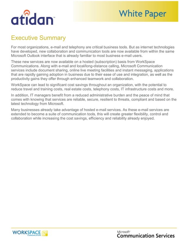 WorkSpace - Unified Communications White Paper - From Atidan | PDF