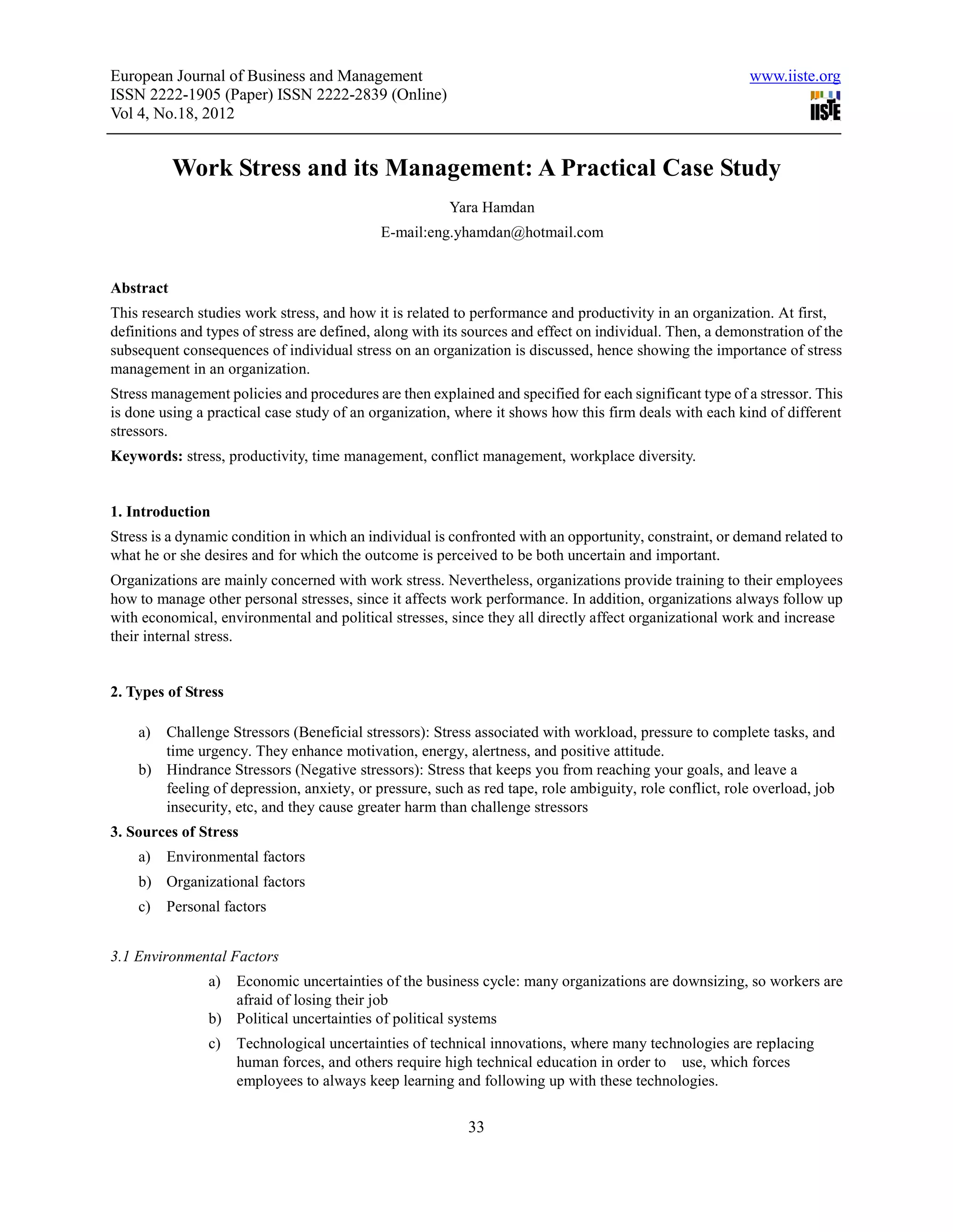 Work stress and its management a practical case study | PDF