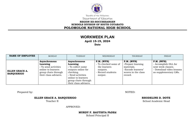 DEPED Work From Home WORKWEEK-PLAN.docx | Education