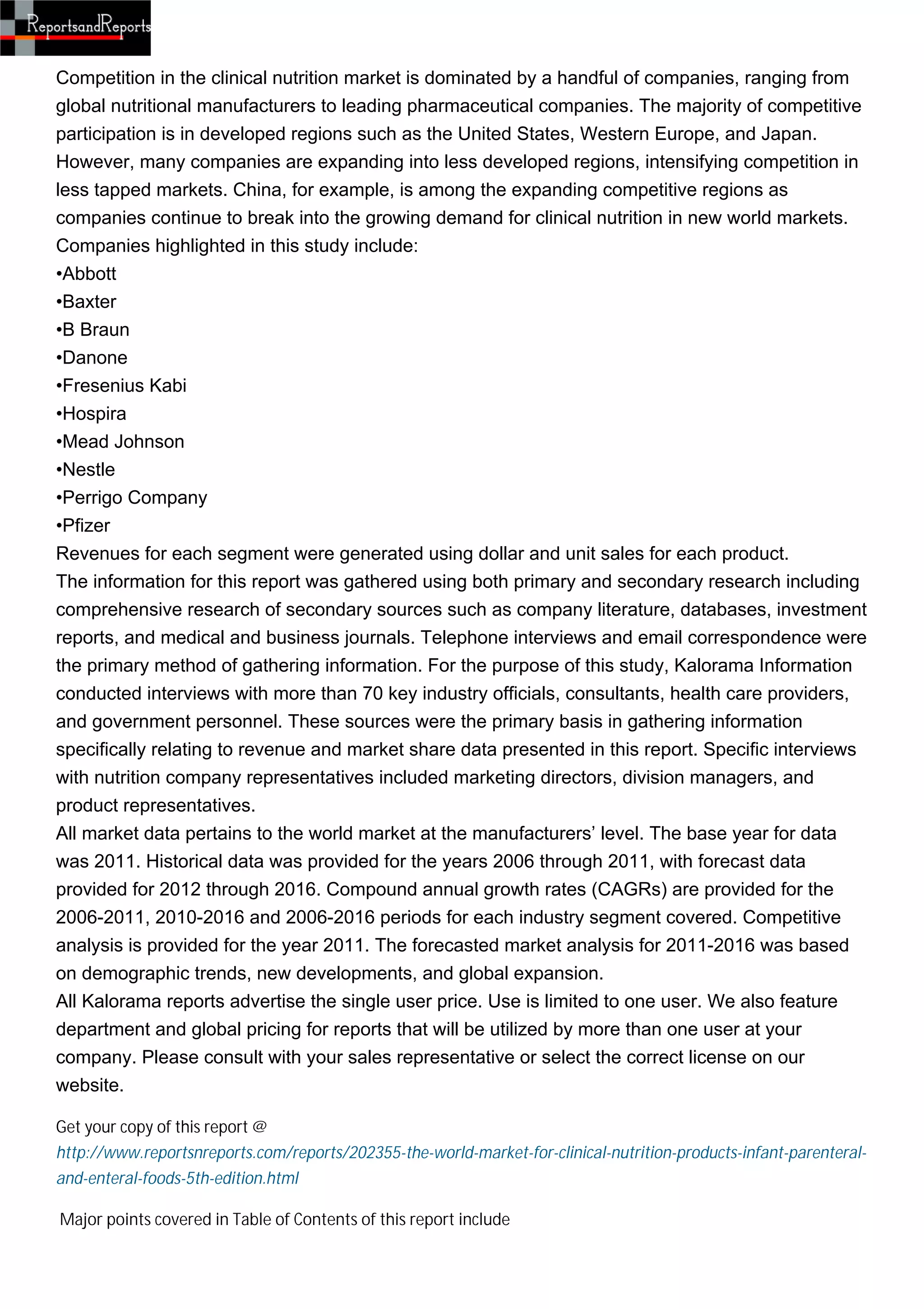 World Market for Clinical Nutrition Products (Infant, Parenteral and ...