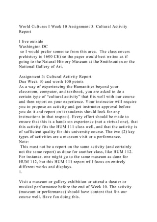 World Cultures I Week 10 Assignment 3 Cultural Activity ReportI.docx