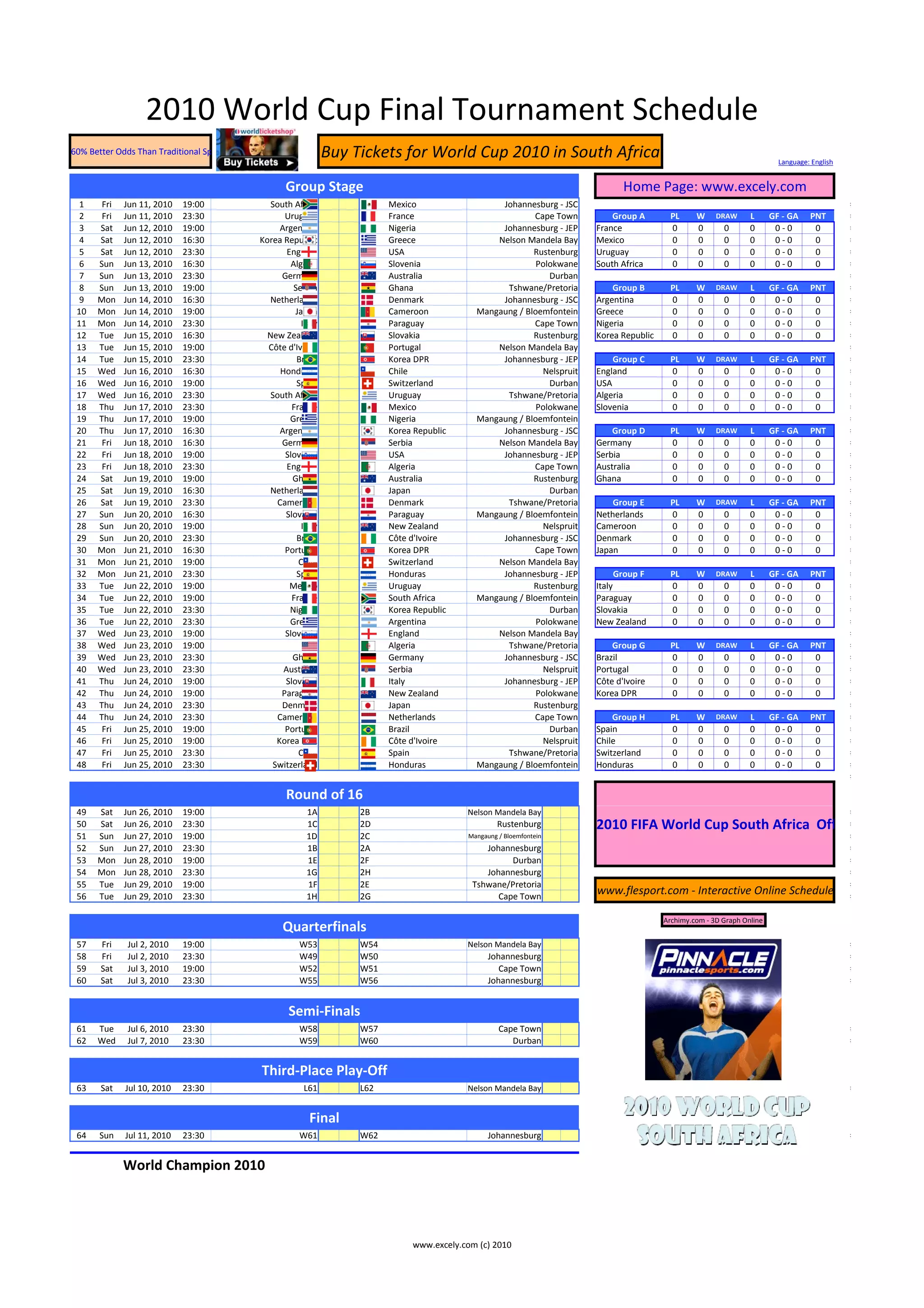 World cup 2010 Fixtures | XLS