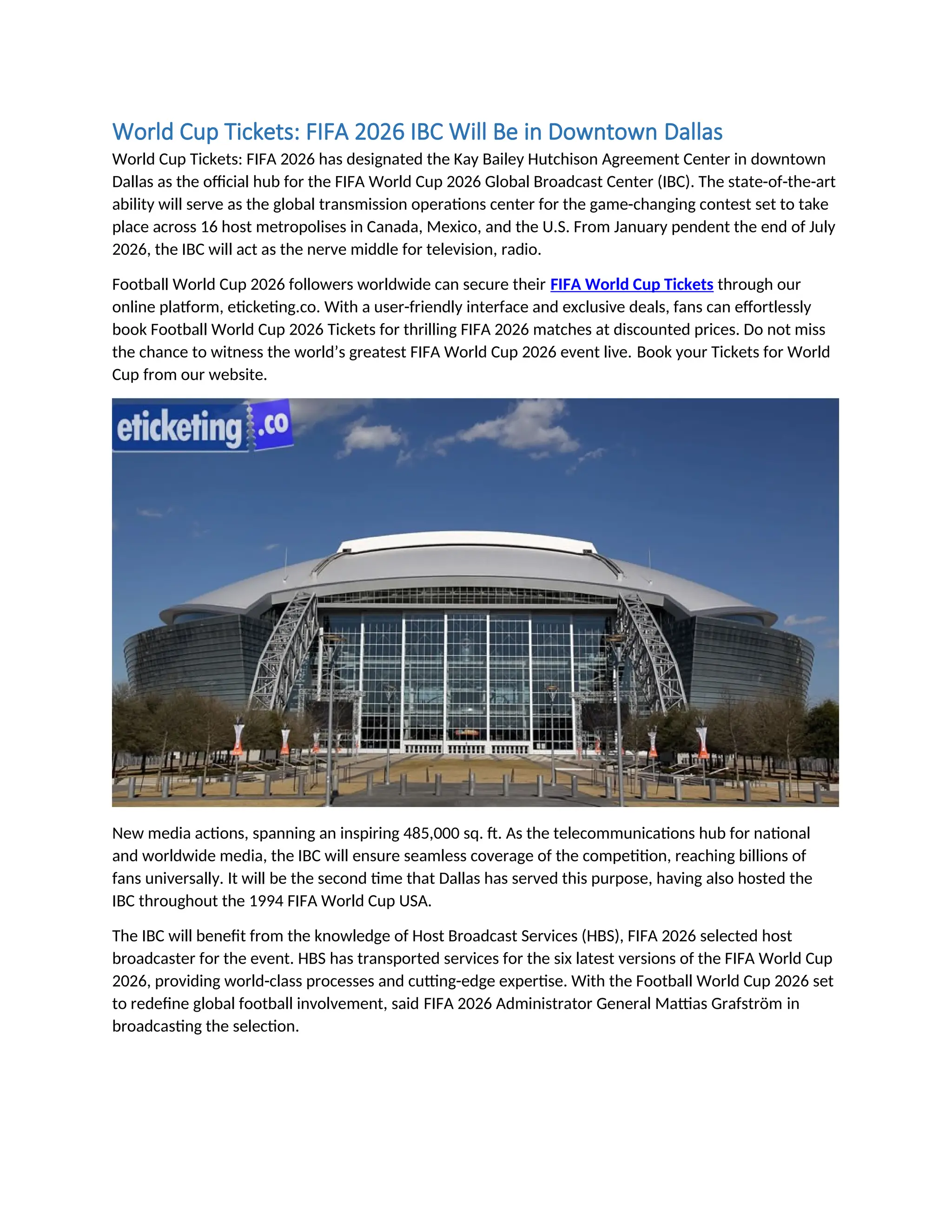 World Cup Tickets FIFA 2026 IBC Will Be in Downtown Dallas.docx