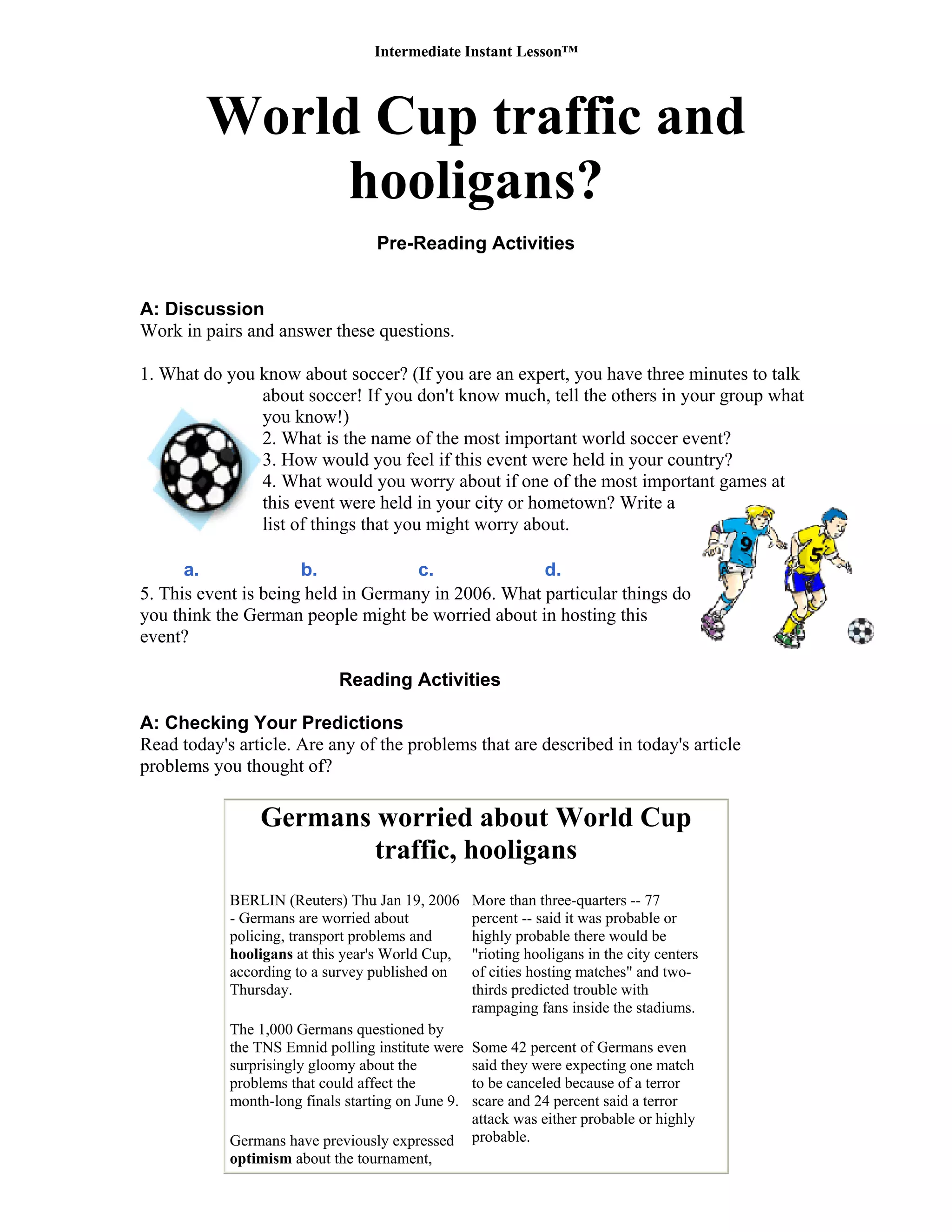 World cup traffic and hooligans intermediate instant lesson | PDF