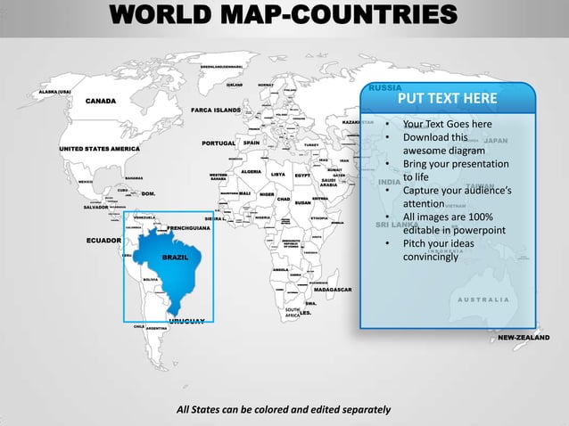 World editable continent map with countries
