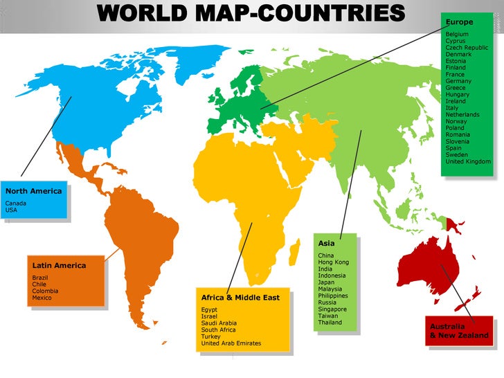 World editable continent map with countries