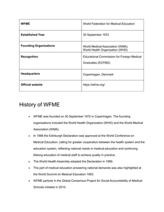 World Federation for Medical Education (WFME): History, Mission etc. | DOCX