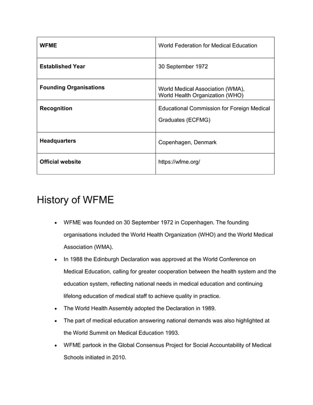 World Federation for Medical Education (WFME): History, Mission etc ...