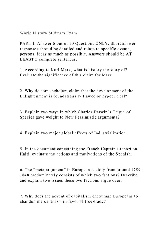 World History Midterm Exam Part I Answer 6 Out Of 10 Questiondocx