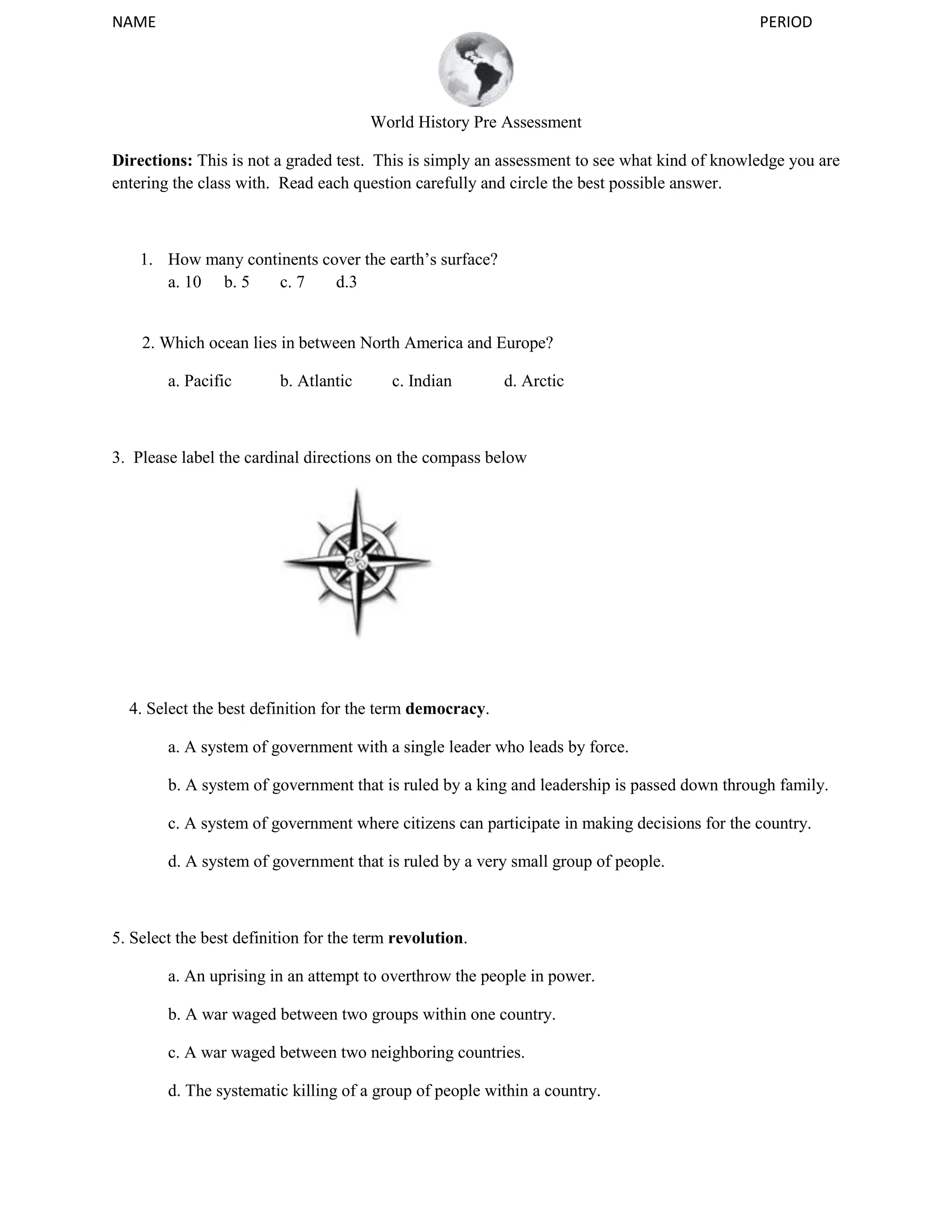 World history pre assessment | DOCX