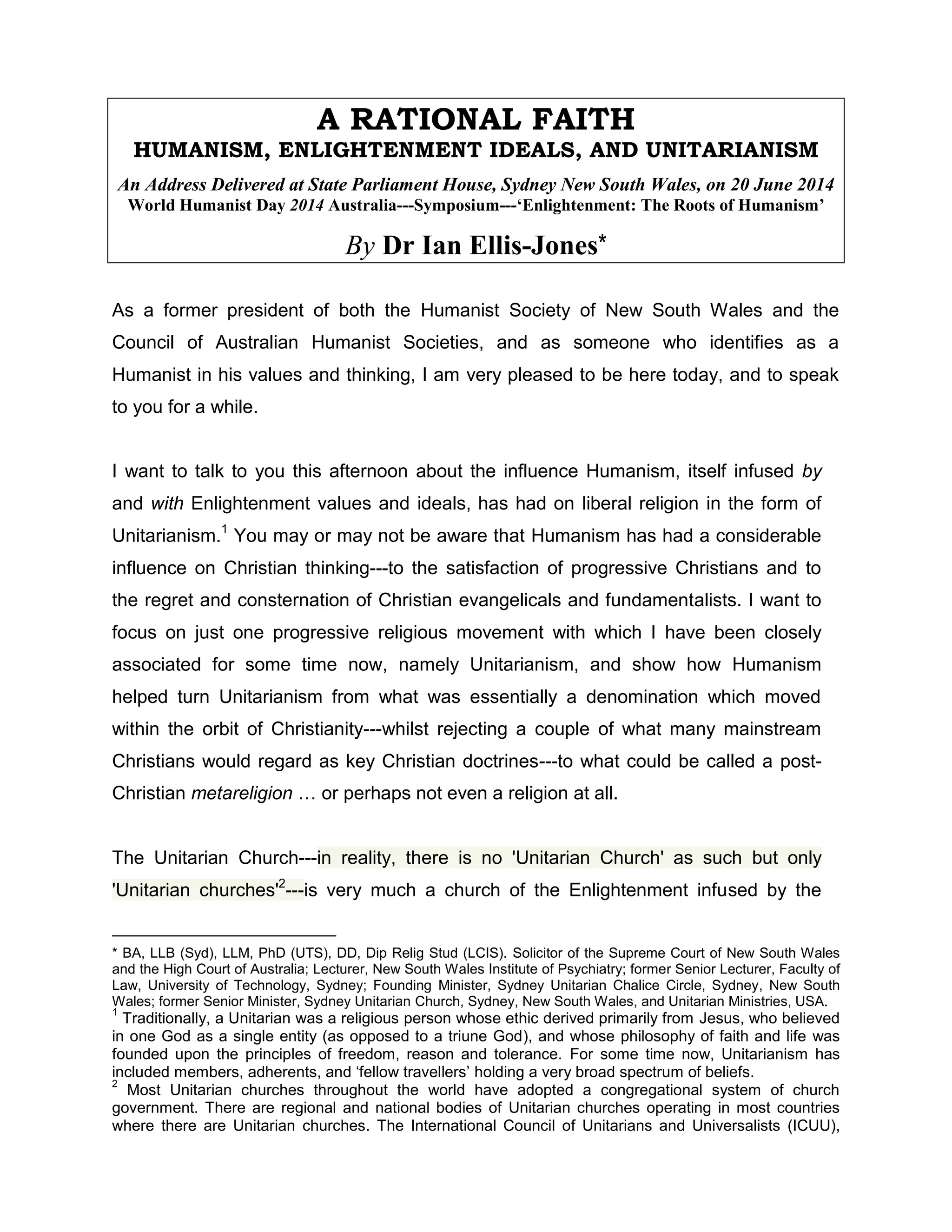 A RATIONAL FAITH: HUMANISM, ENLIGHTENMENT IDEALS, AND UNITARIANISM | PDF