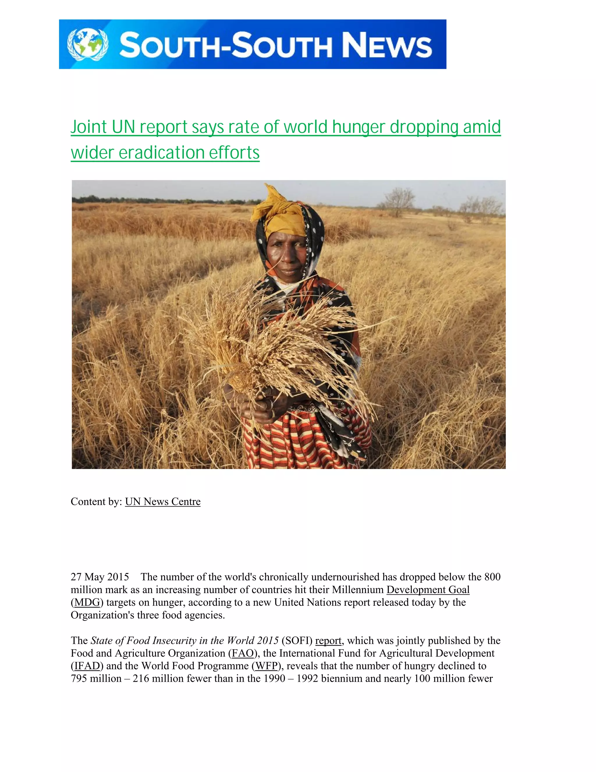 South South News World hunger dropping amid wider eradication efforts | PDF