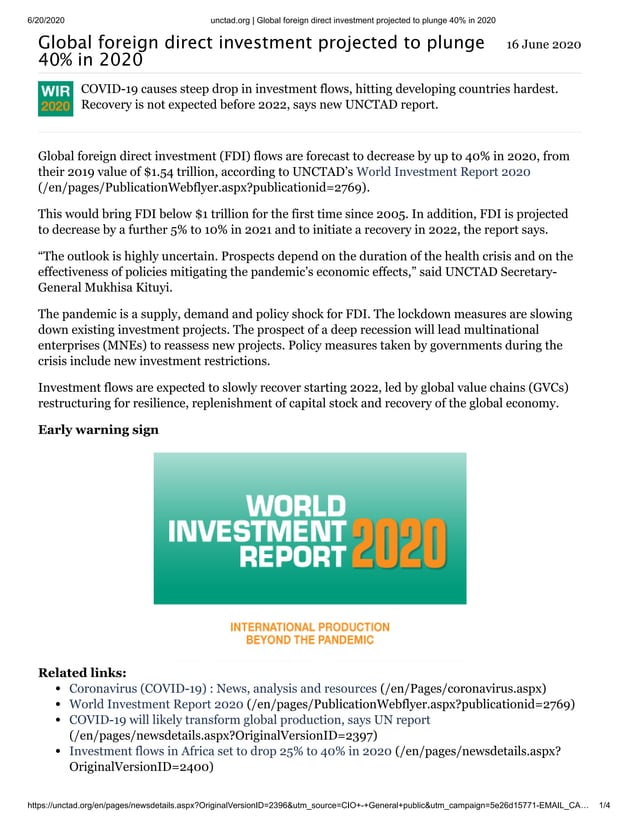 WORLD INVESTMENT REPORT 2020 BY UNITED NATIONS CONFERENCE ON TRADE AND DEVELOPMENT UNCTAD | PDF