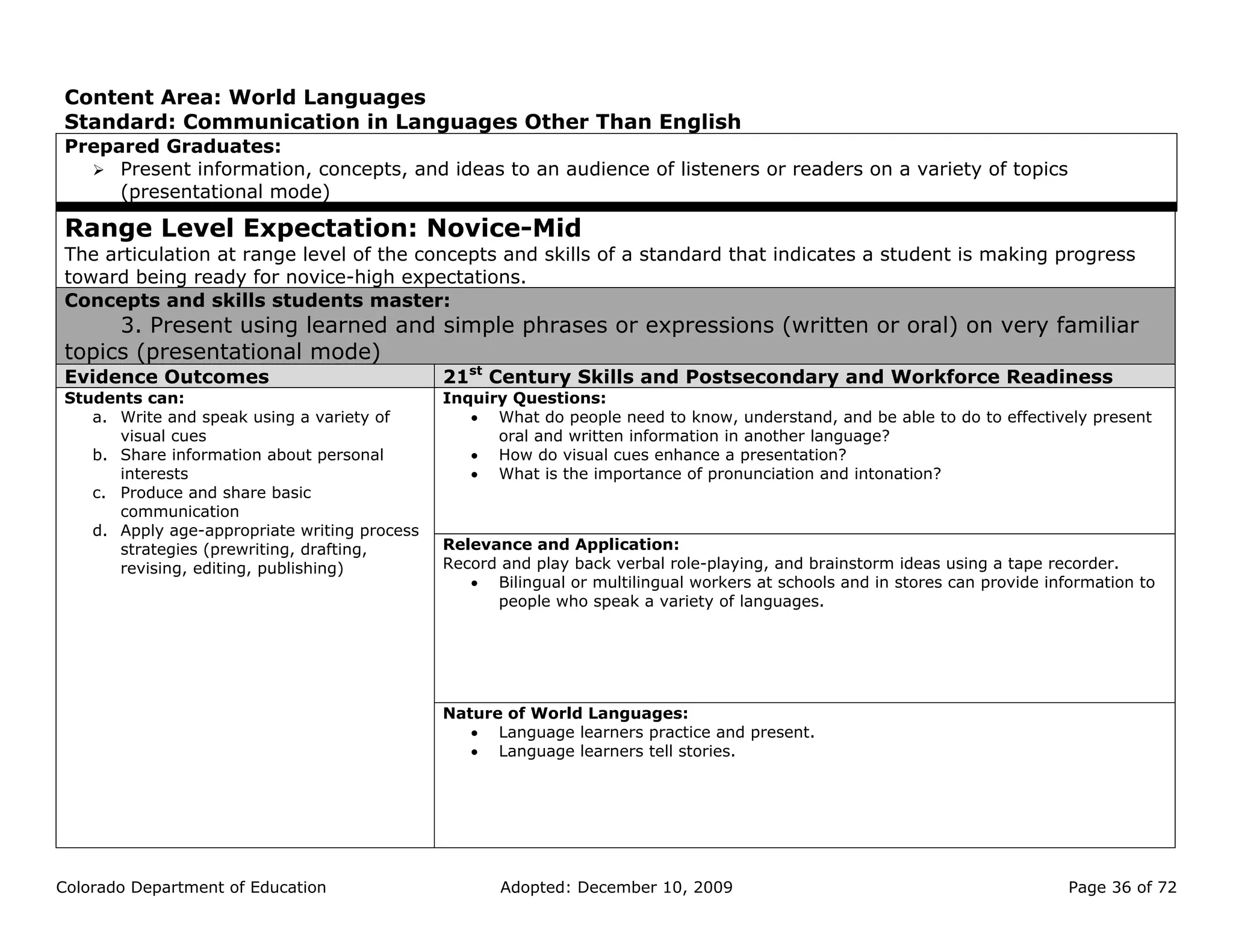 Colorado World Languages Academic Standards 2010 | PDF