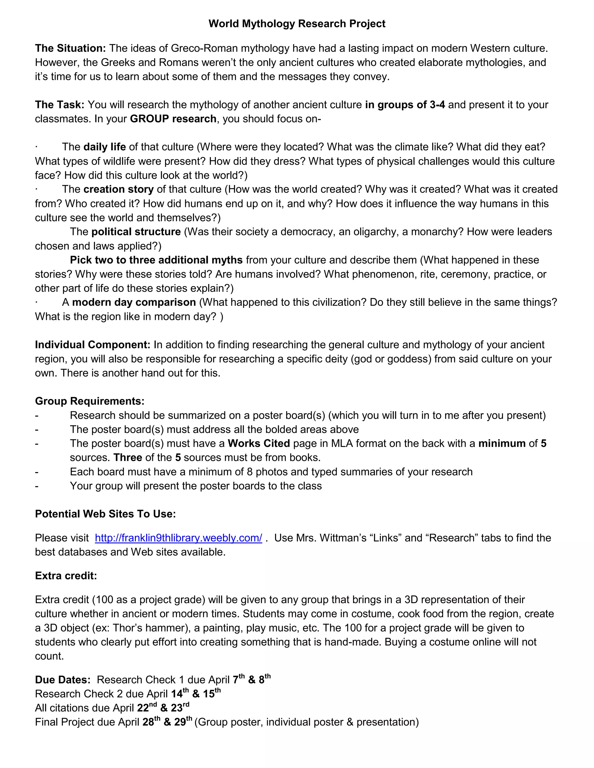 World mythology project and rubric and sources | DOCX