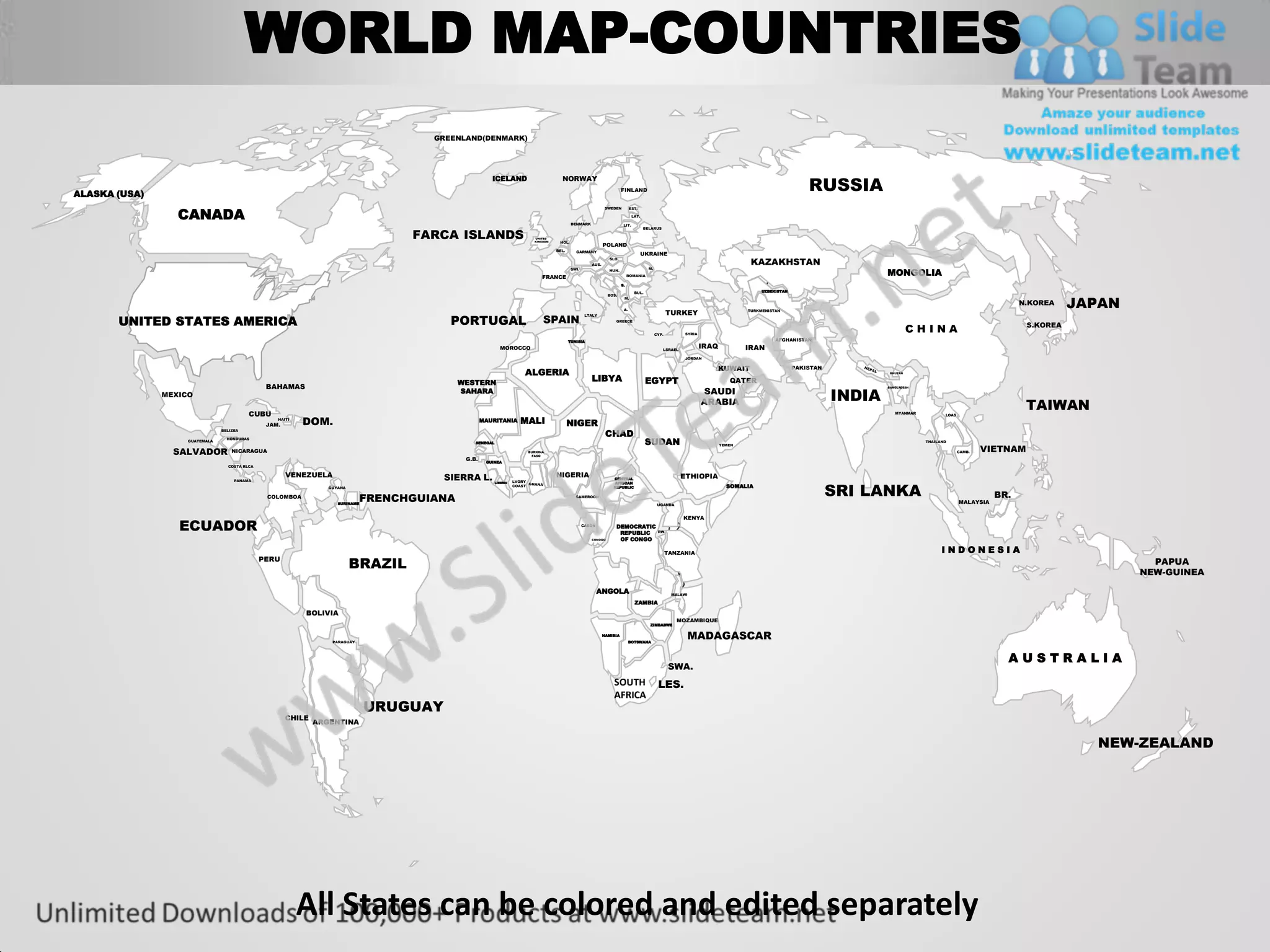 World powerpoint editable continent map with countries templates slides ...