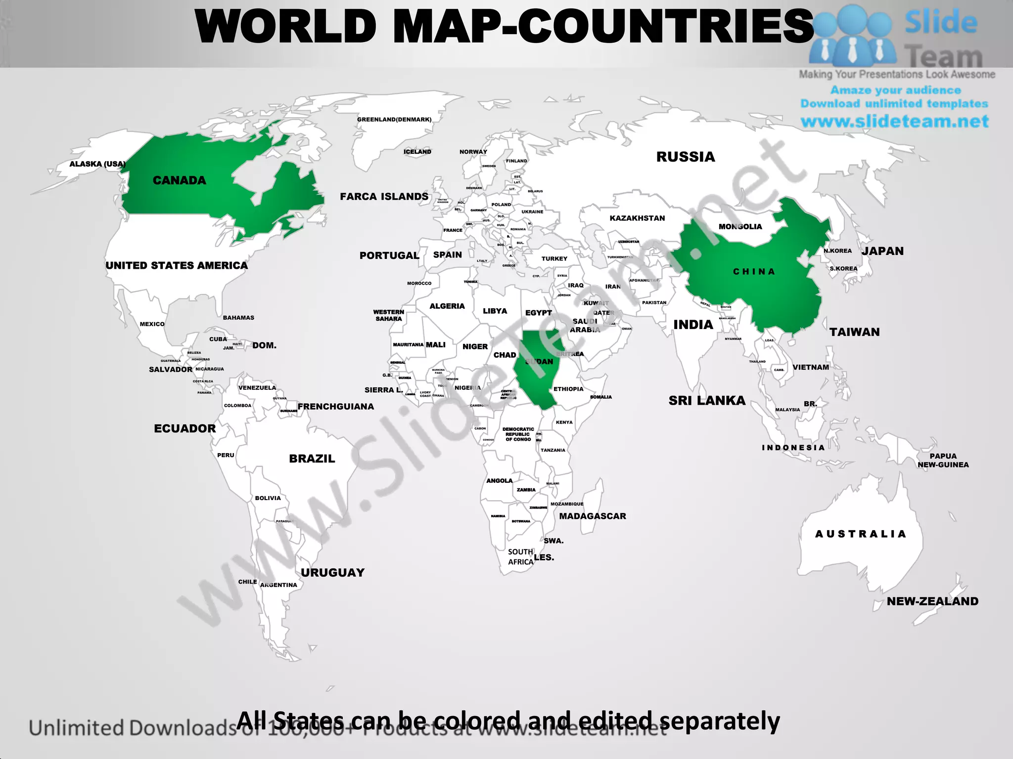World powerpoint editable continent map with countries templates slides ...