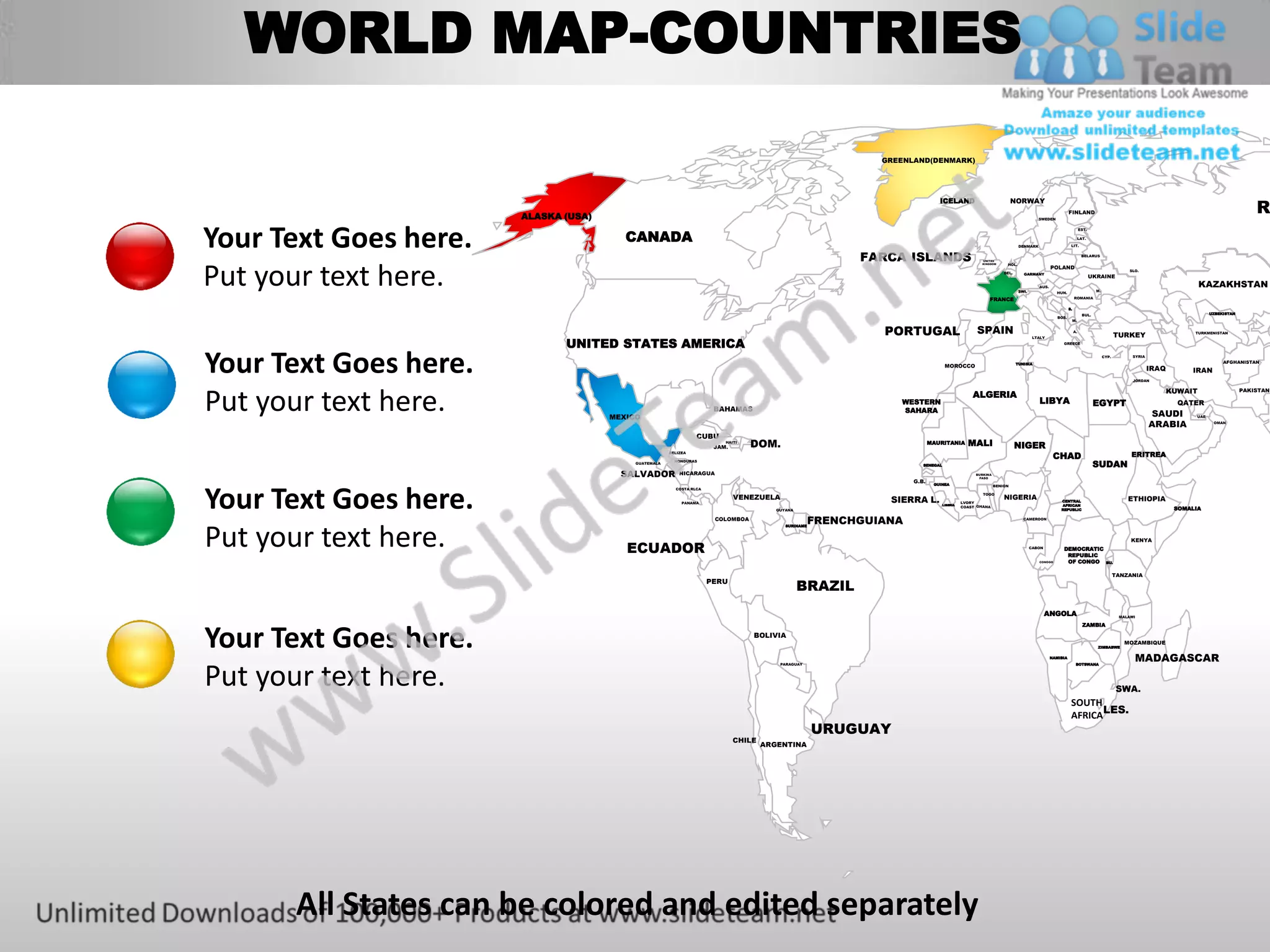 World powerpoint editable continent map with countries templates slides ...