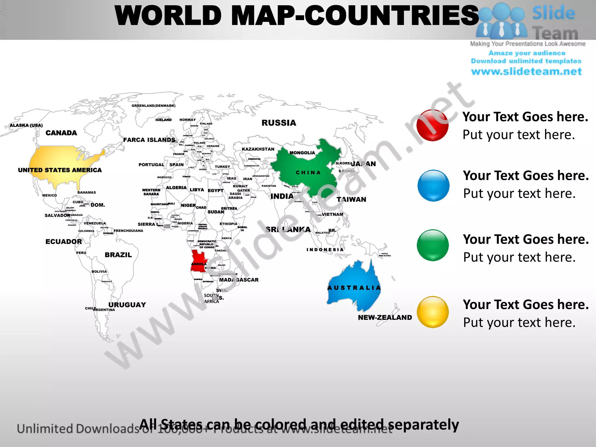 World powerpoint editable continent map with countries templates slides ...