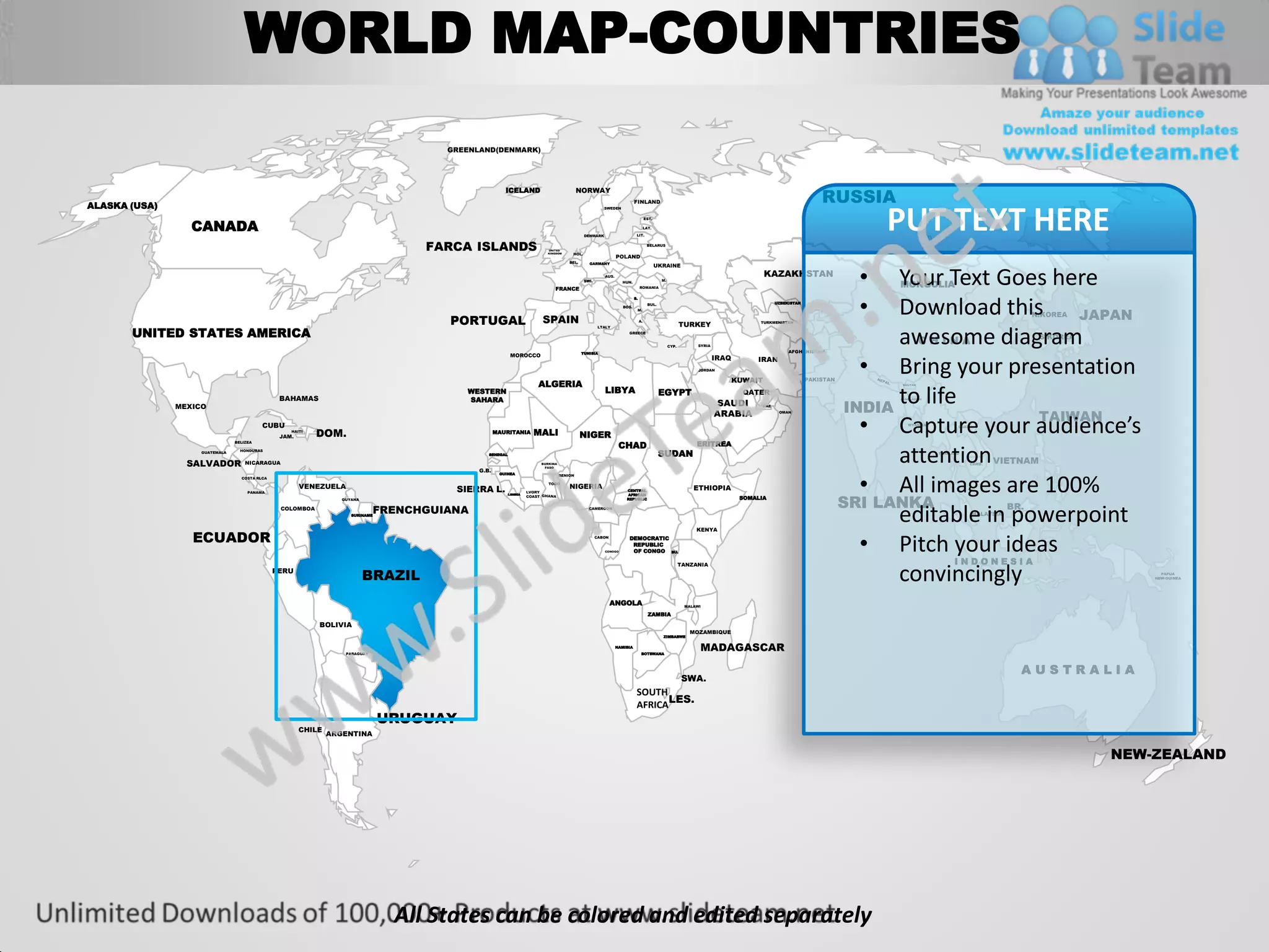 World powerpoint editable continent map with countries templates slides ...