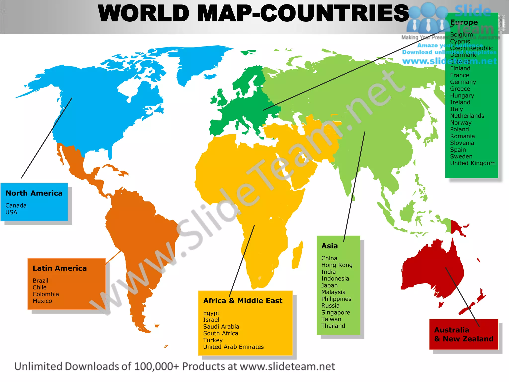 World powerpoint editable continent map with countries templates slides ...