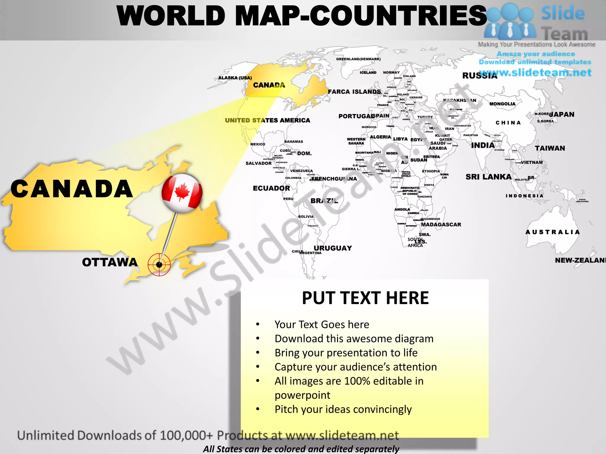 World powerpoint editable continent map with countries templates slides ...