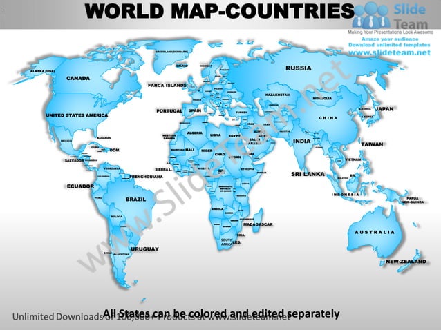 World powerpoint editable continent map with countries templates slides ...